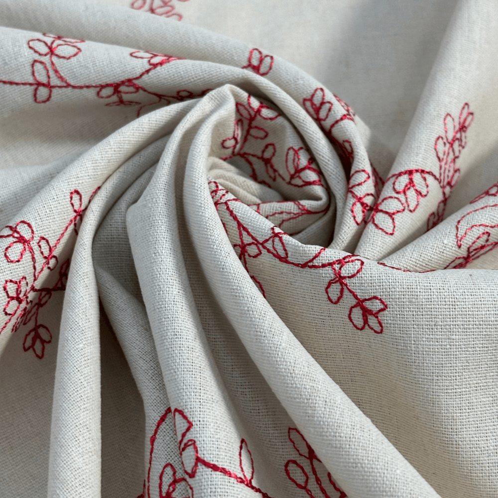 Tecido Linho Bordado Floral Vermelho - Empório dos Tecidos