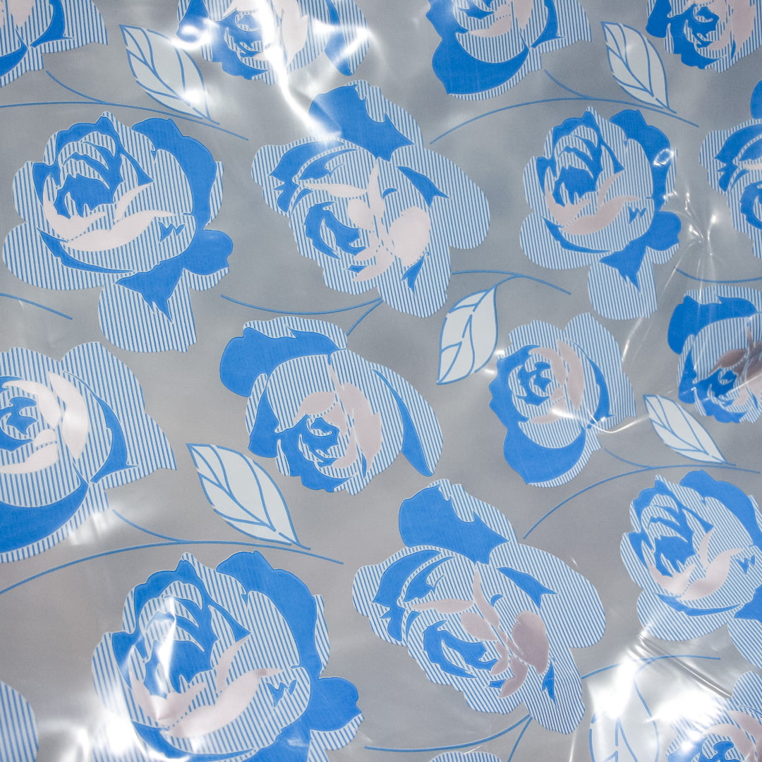 Plástico Mesa Transparente Estampado Roseira Azul - Empório dos Tecidos