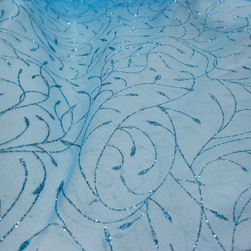 Tecido Tule Glitter Estampado Galhos Azul - Empório dos Tecidos