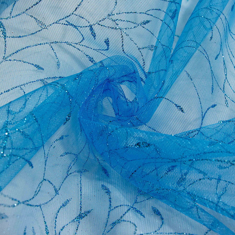Tecido Tule Glitter Estampado Galhos Azul - Empório dos Tecidos